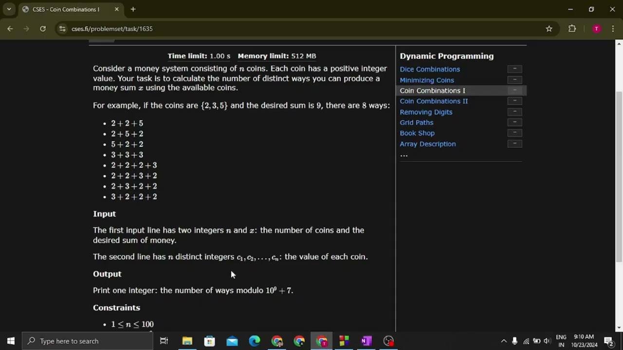 Coins Combinations 1 | Dynamic Programming | CSES Problemset