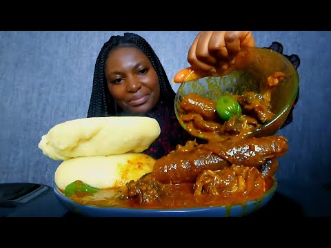 Asmr mukbang delicious spicy ogbono soup with plantain fufu