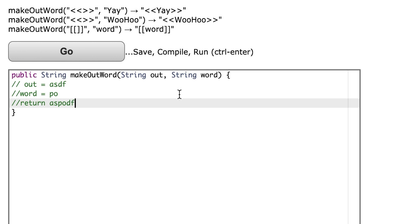 Java: CodingBat– String-1– makeOutWord