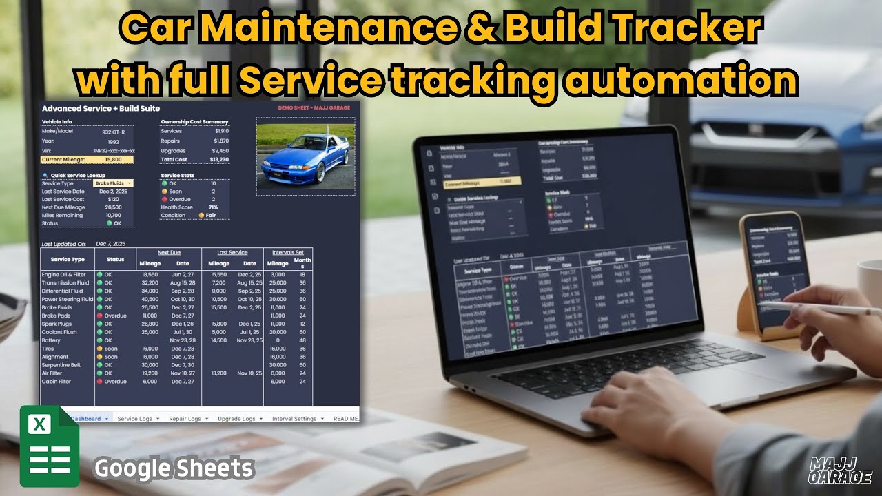 Ultimate Car Maintenance Tracker (Google Sheets) – Automated Service Log, Reminders & Build Sheet