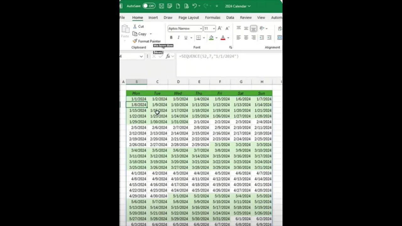 How To Create Year 2024 Excel Calendar Using SEQUENCE Function Simplified