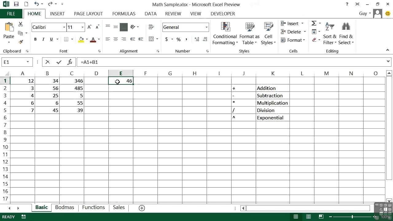 Microsoft Excel 2013 Tutorial | Getting Started With Basic Math Formulas