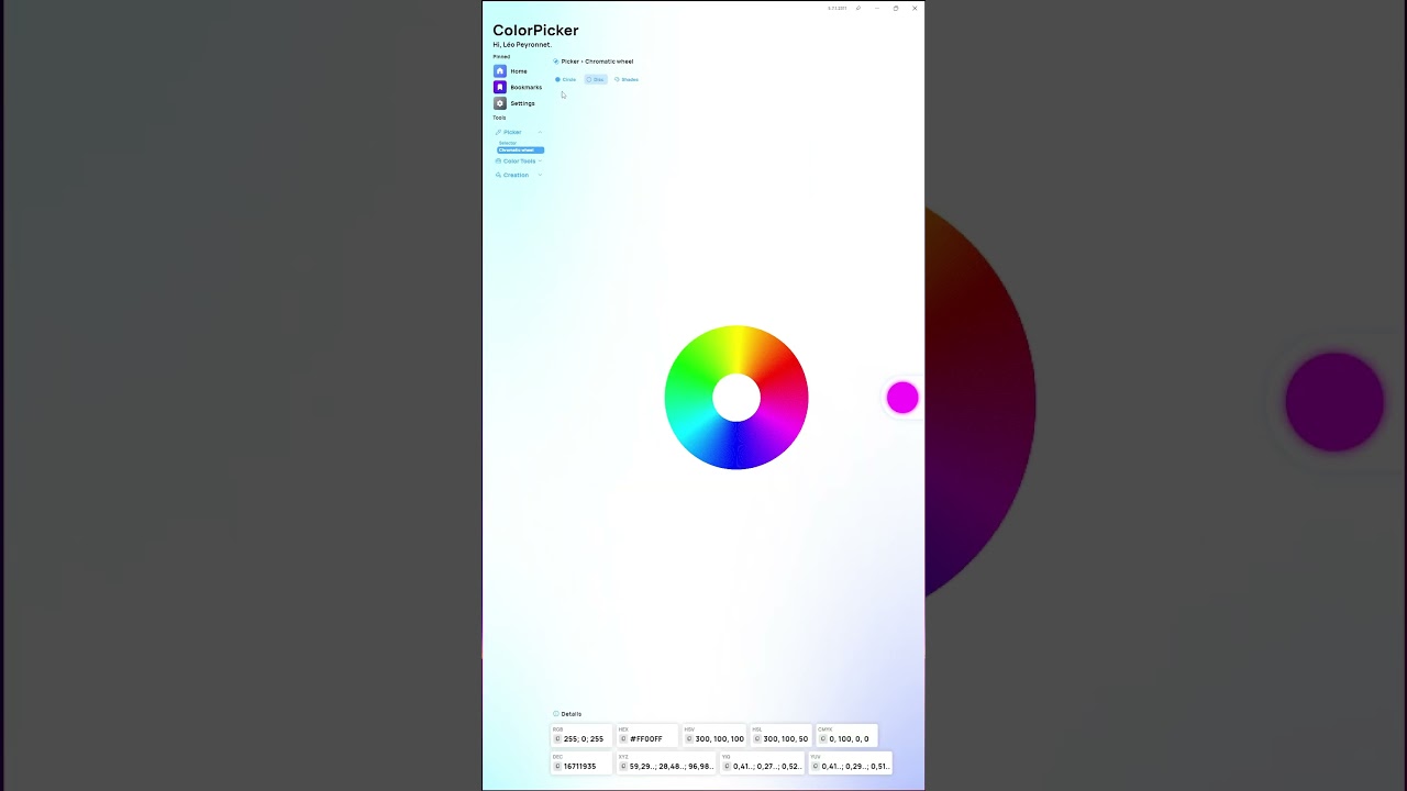 Select colors using the chromatic wheel in ColorPicker Max