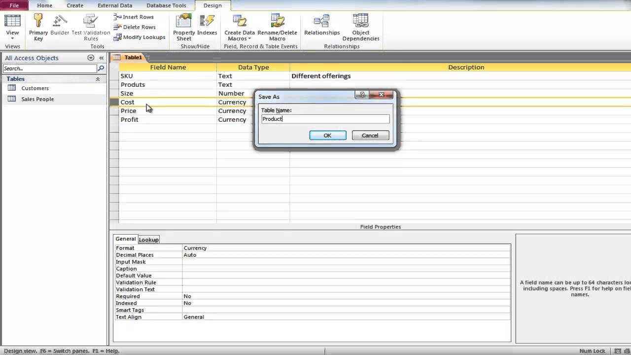 How to create a table in design view and Assigning Primary Key in Microsoft Access