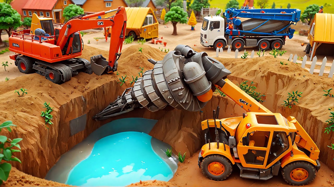 Construction Works: Excavator, Drill & Cement Mixer Dig for Underground Water 💧🚧