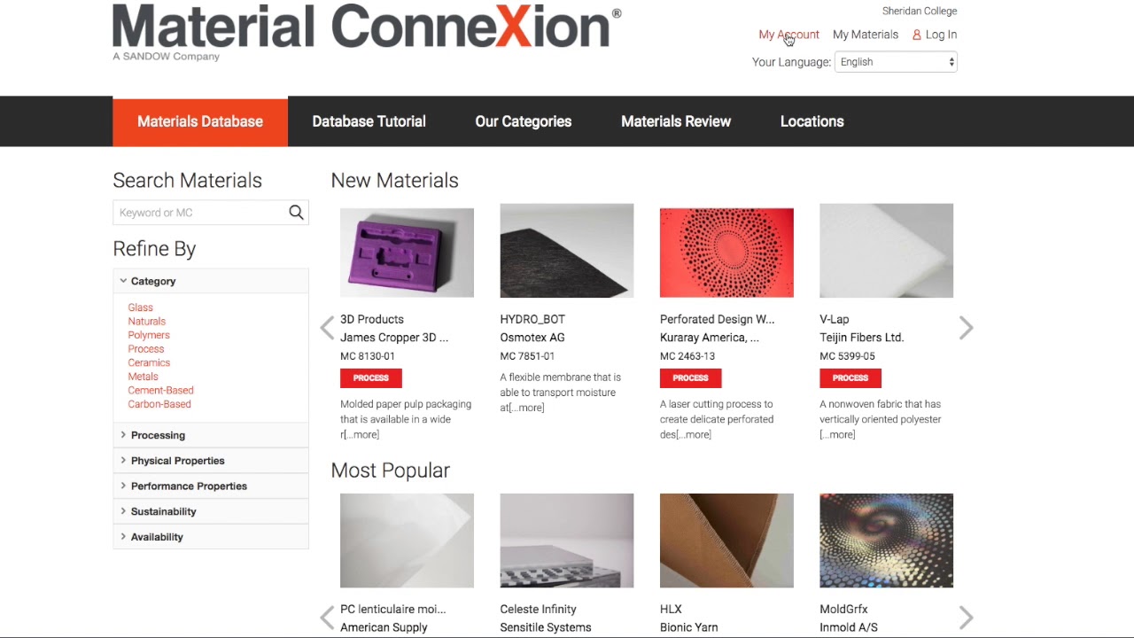 Material Connexion Database: Accessing the My Materials Feature