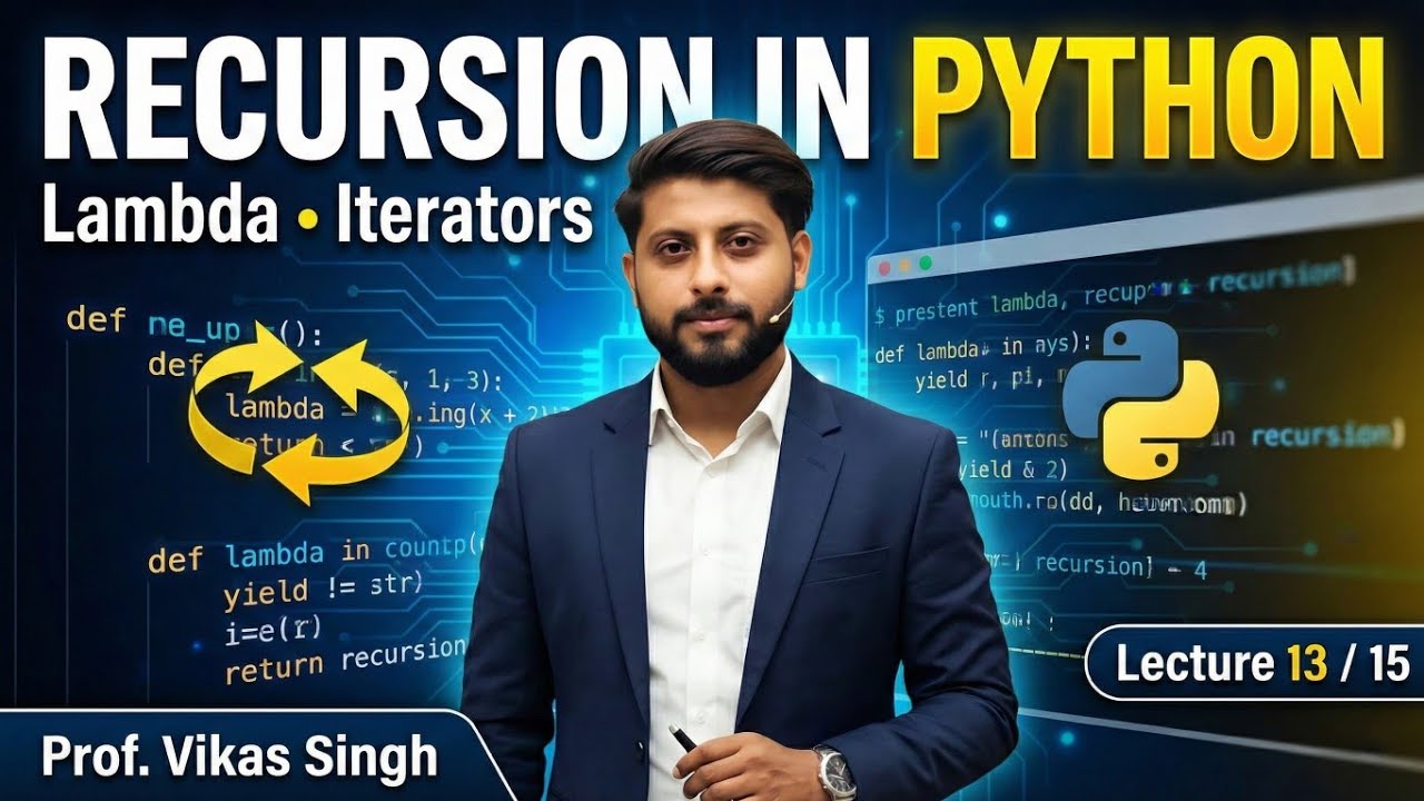 Lecture 13 of 15 | Recursion in Python | Lambda Expression | iterators in Python | Vikas Singh
