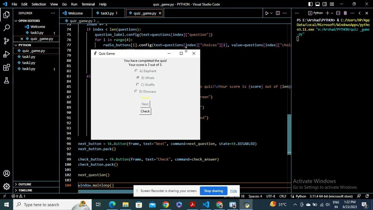 Python program : Quiz Game Python tkinter project.