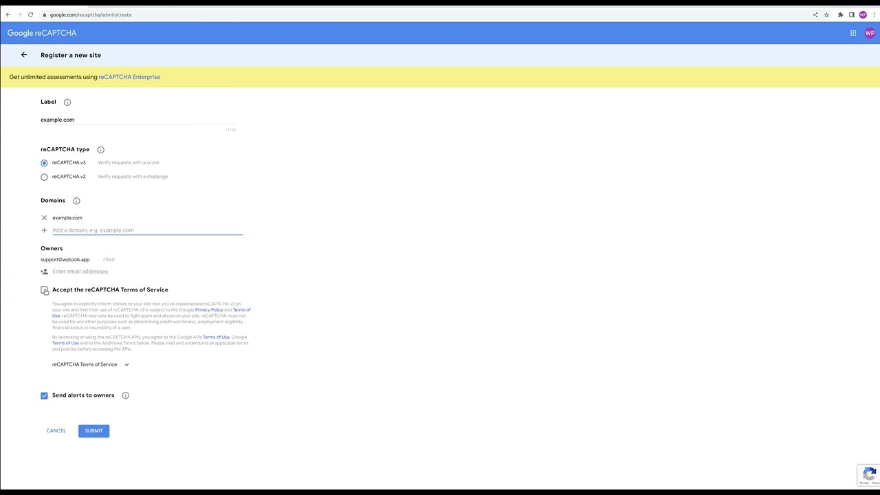 Create Google reCAPTCHA v3 Profile