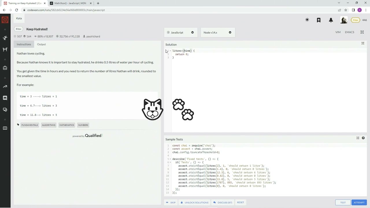 (Archived) Codewars 8 kyu Keep Hydrated! JavaScript