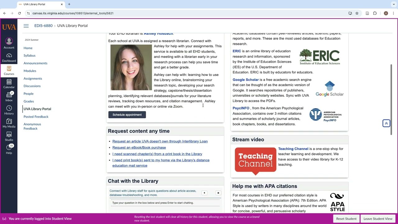 UVA Library Portal in Canvas