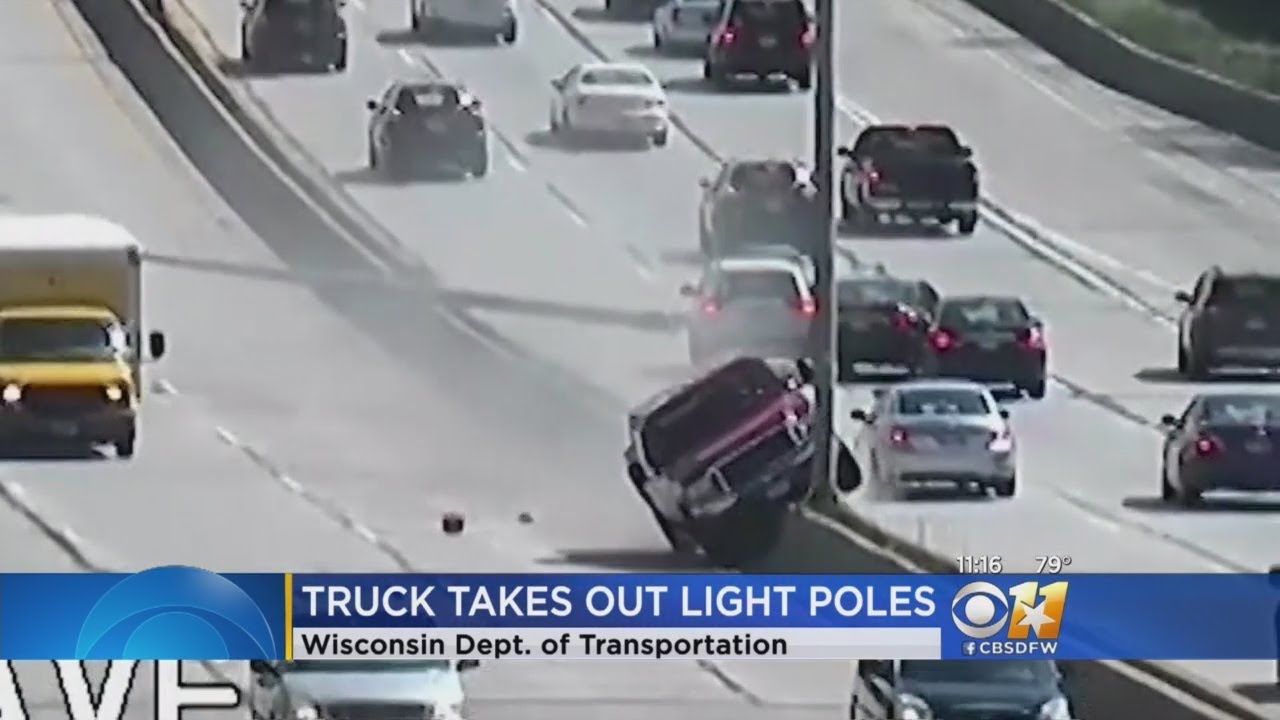 Pickup Truck Take Out Light Poles On Busy Highway
