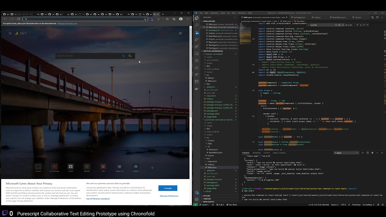 Purescript Collaborative Text Editing Prototype 11 - Comonadic UI and Purescript React Basic