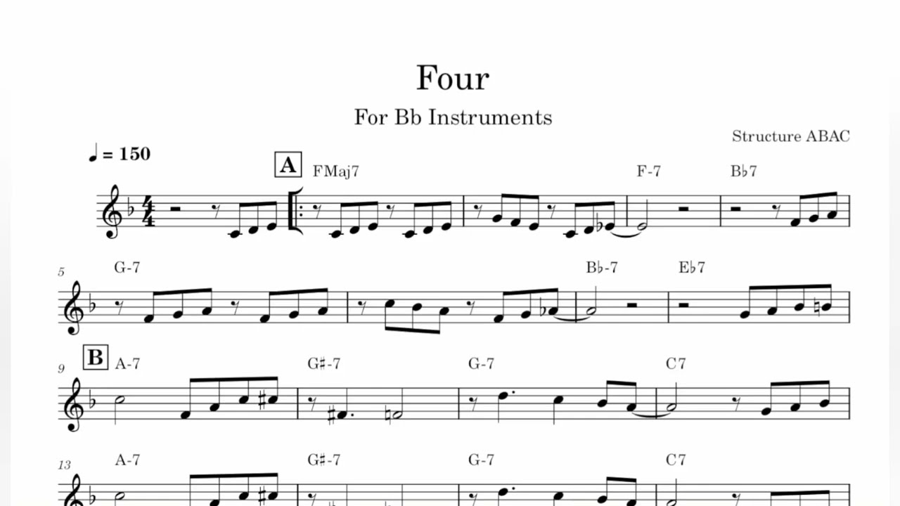 Four (Miles Davis) backing track for Bb / B flat instruments with chart