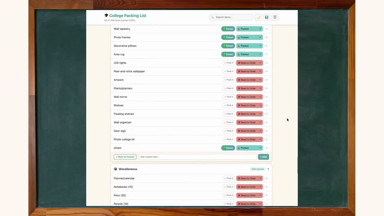 How the College Packing List Tracker works: 225 items, 8 statuses, auto-save