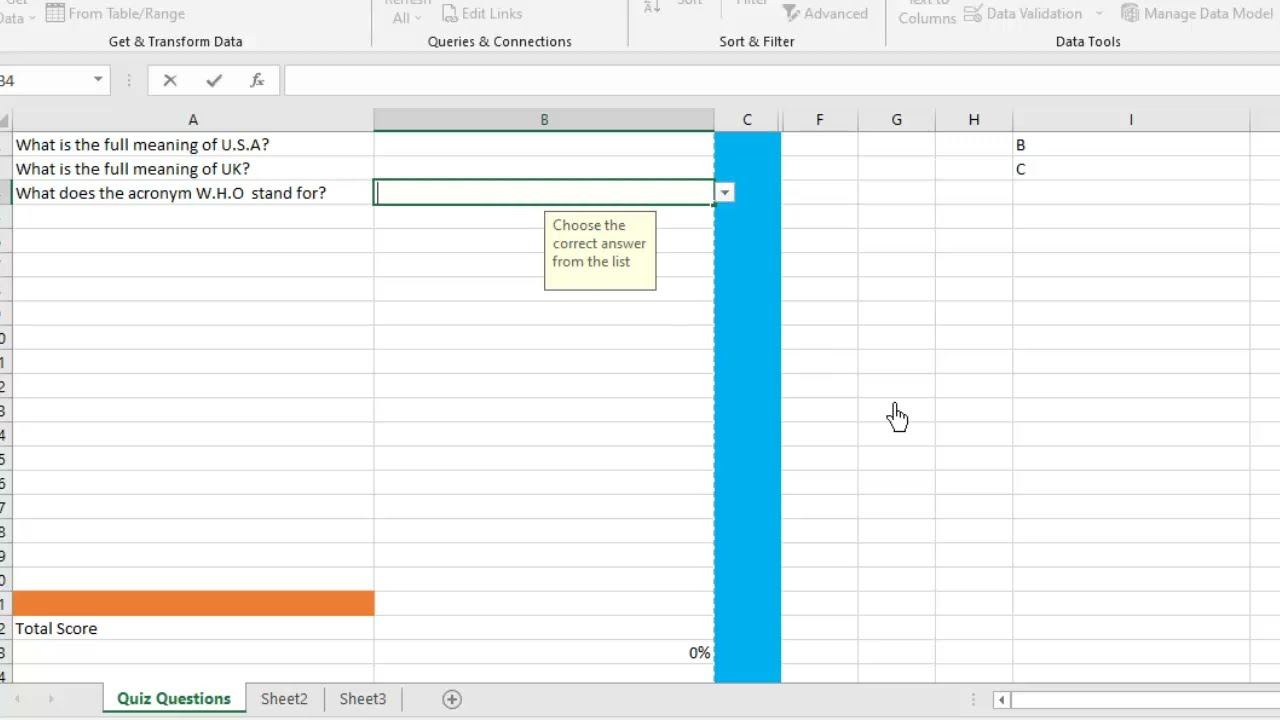 How to design Multiple Choice Quiz in Ms Excel with automatic grading