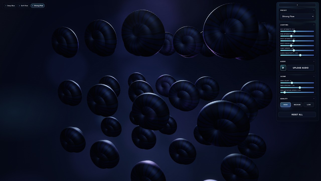 Generative Torus Sculpture — Audio Reactive WebGL (Three.js)