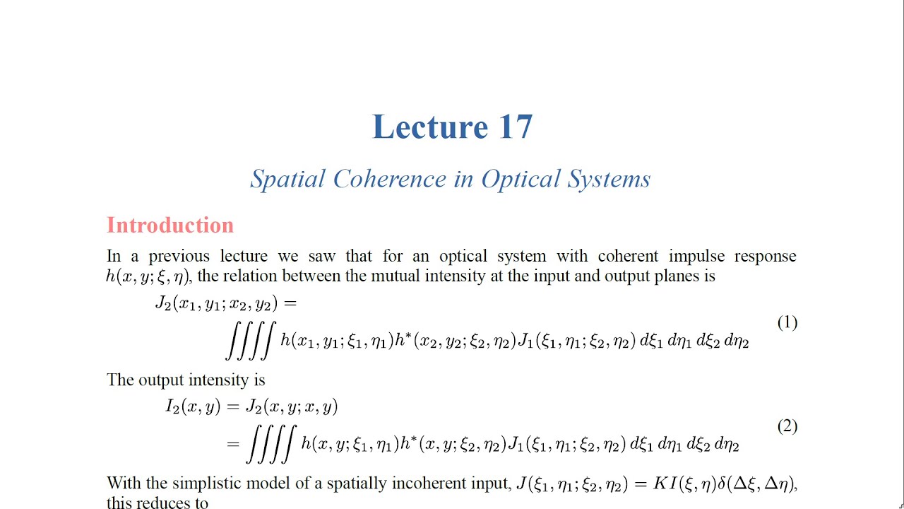 MOp Lecture 18 Spatial Coherence In Optical Systems