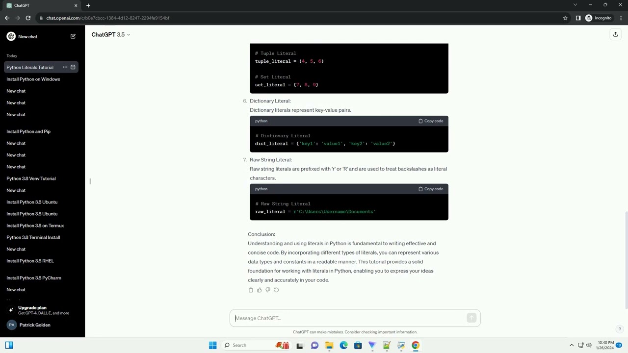 literal in python example