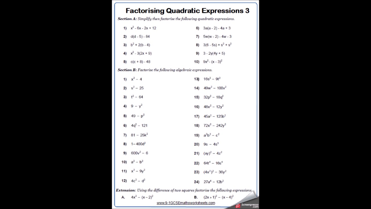 Maths Worksheet Factorising Expressions