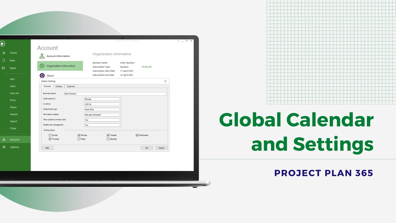 Global Calendar and Settings in Project Plan 365