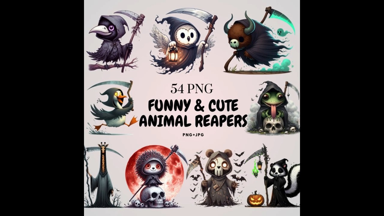 Watercolor Spooky Cute Animals Reapers Clipart PNG |Funny Halloween Animal Stickers