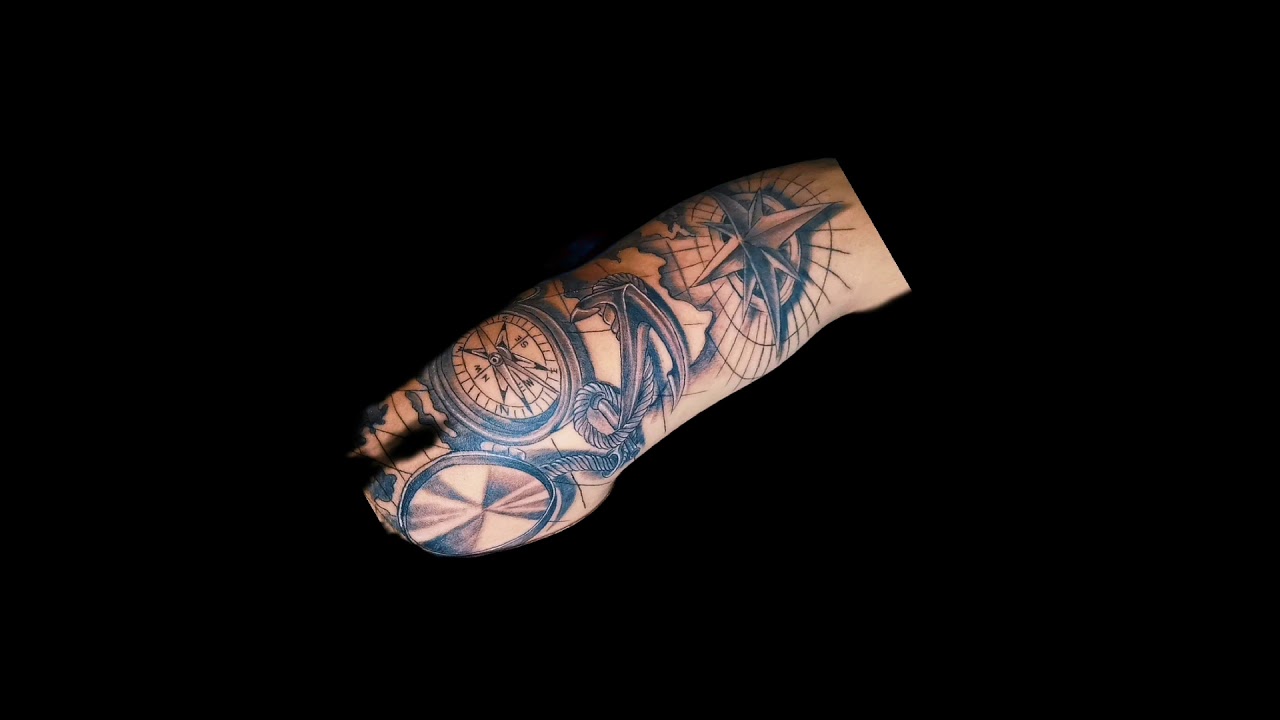 World Map, Anchor, knot, Compass Sleeve Tattoo(Black & Grey)