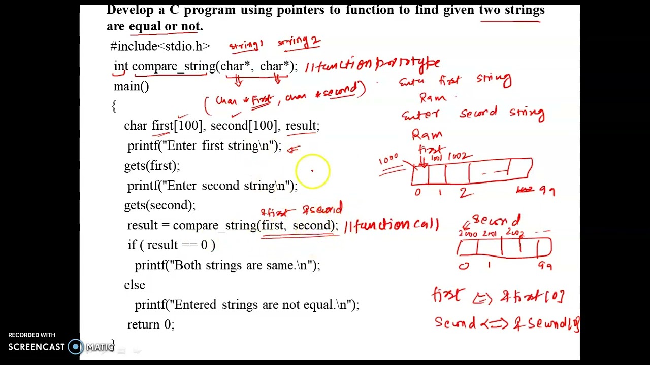 C program using pointers to function to find given two strings are equal or not.