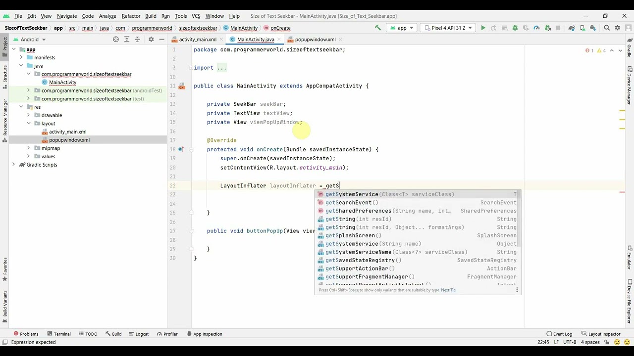 How to control the size of the text using the seekbar in the floating window in your Android App?