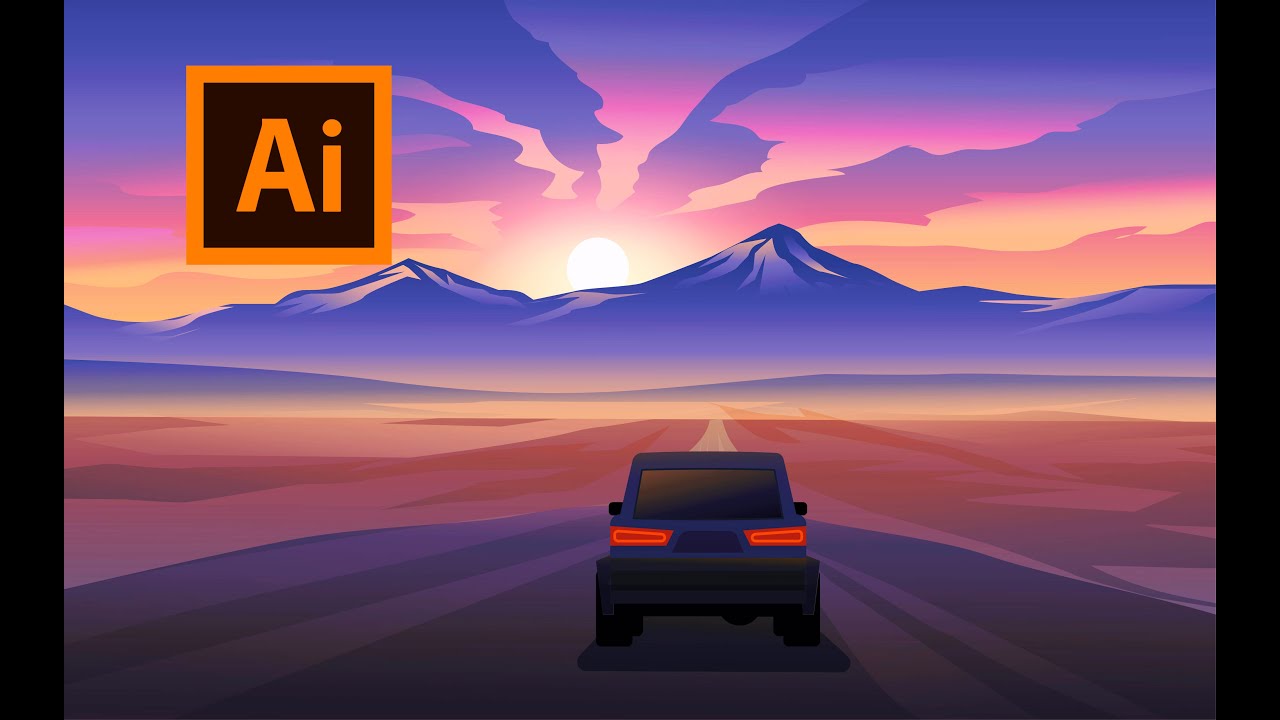 Car sunset trip | Vector illustration