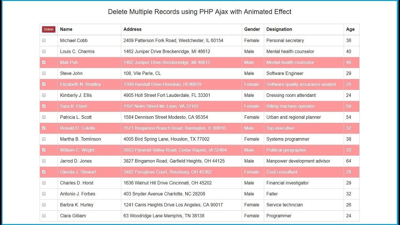 Ajax Animated Delete Multiple Records using PHP