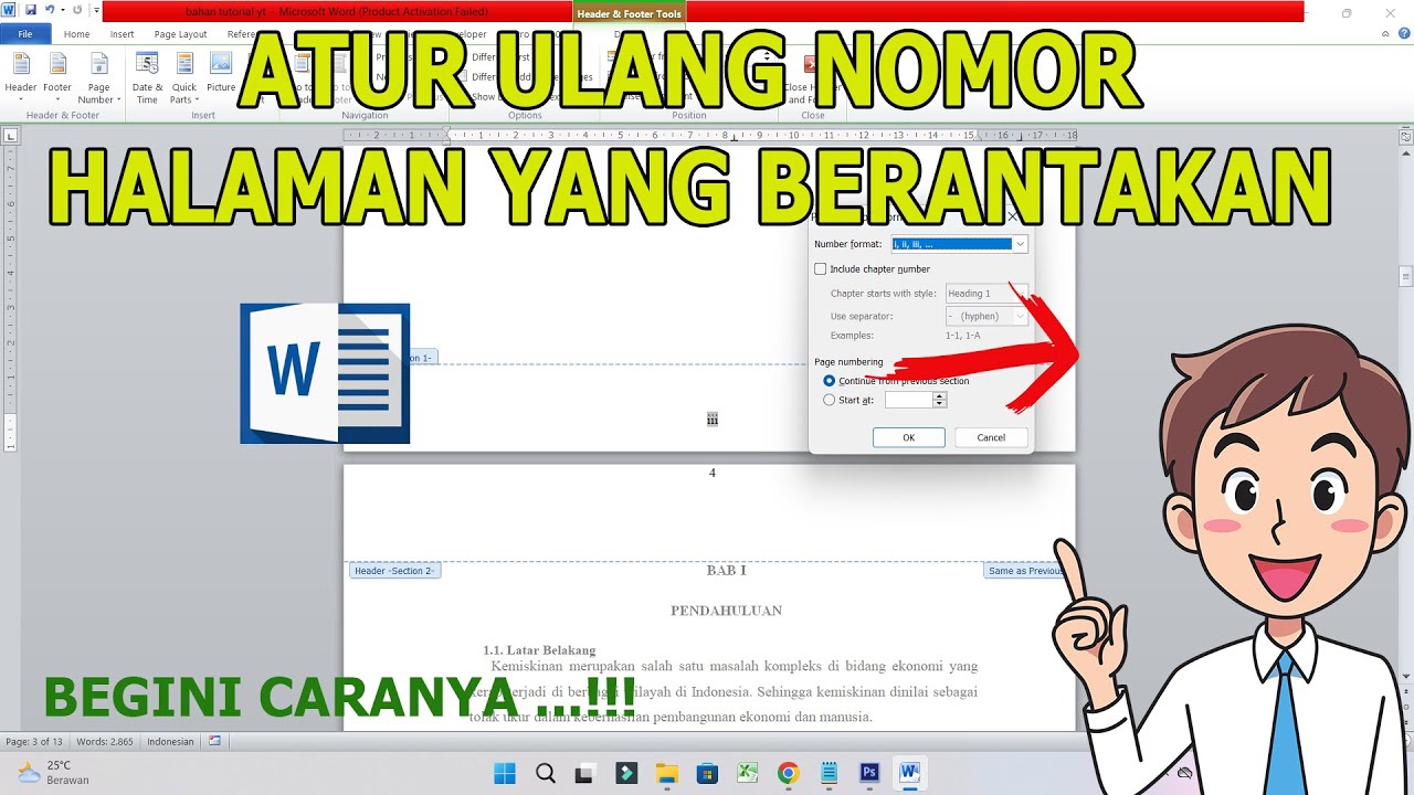 Cara mengatur ulang nomor halaman yang berantakan di word