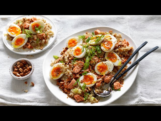 Salmon and Egg Brown Rice Salad Recipe | myfoodbook