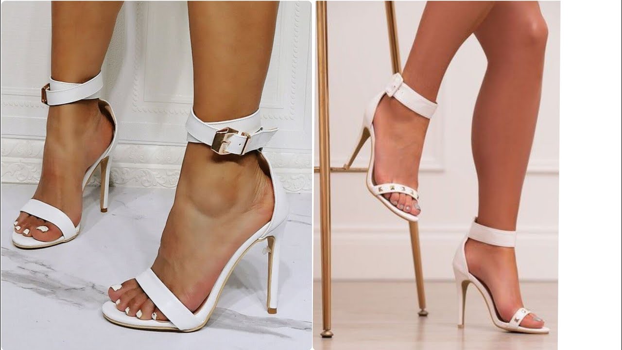 New wedding collection of white ankle strap high heels for girls.