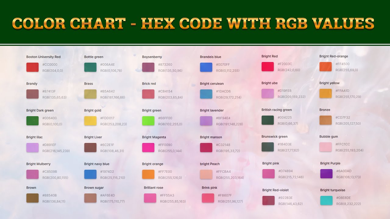 Color Chart - Color Names, Hex Code with RGB values - Graphical and Web Designing Use - Invent High