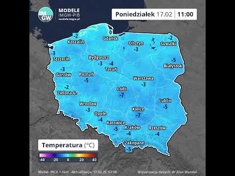 Poniedziałek #prognoza temperatury powietrza na 8 godzin Model INCA 17.II.2025 #shortvideos #imgw