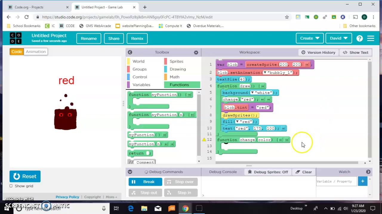 Functions with Parameters in Game Lab on Code.org