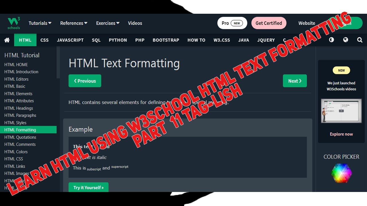 Learn HTML Using W3school HTML Text Formatting Part  11 Tag-lish