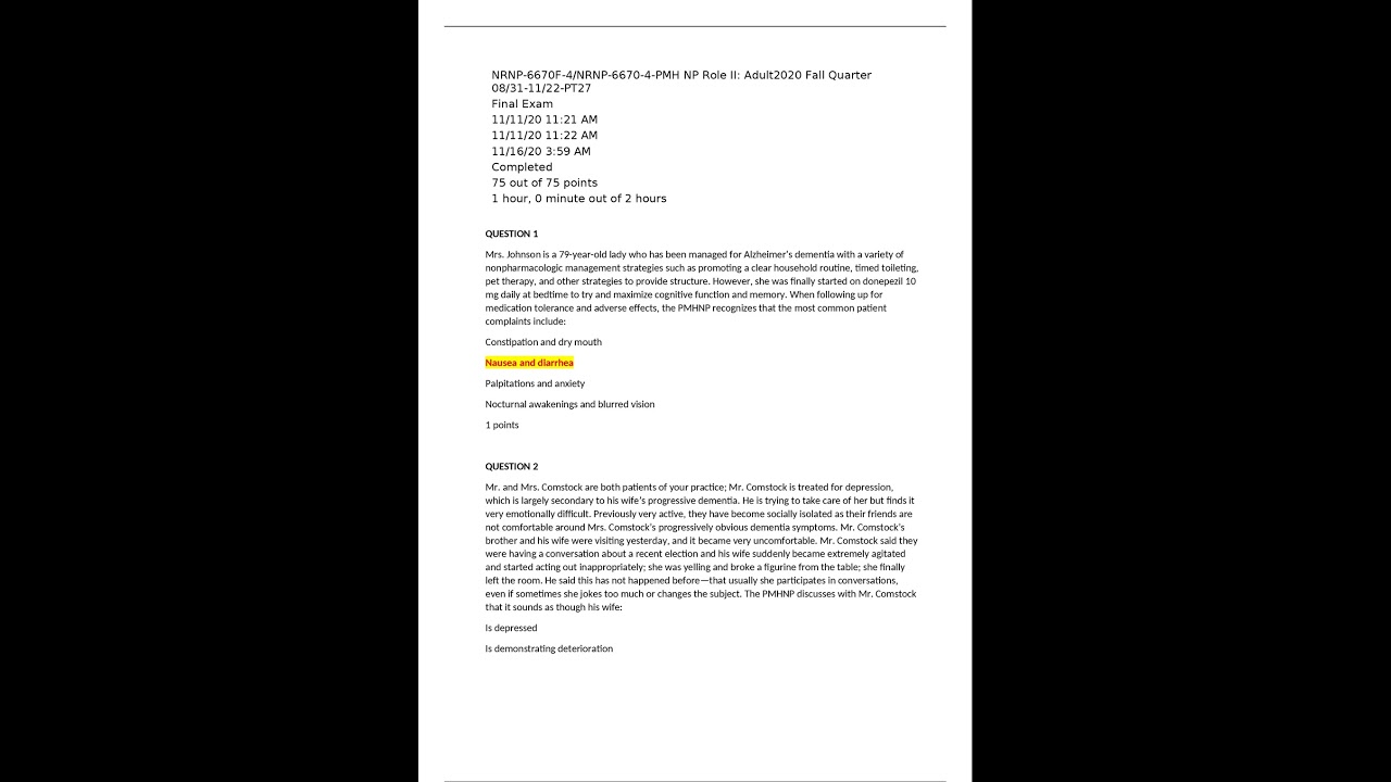 NURS 6670 Final Exam with Answers November 2020   75/75