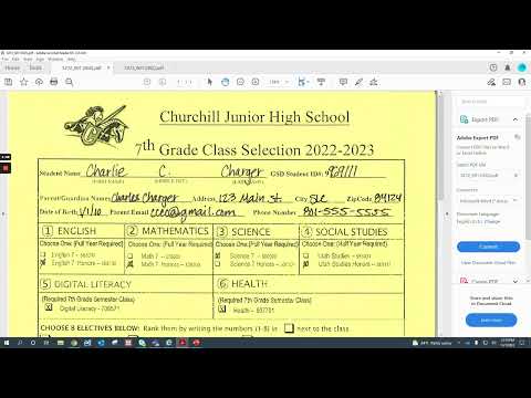7th Grade Course Selection Card