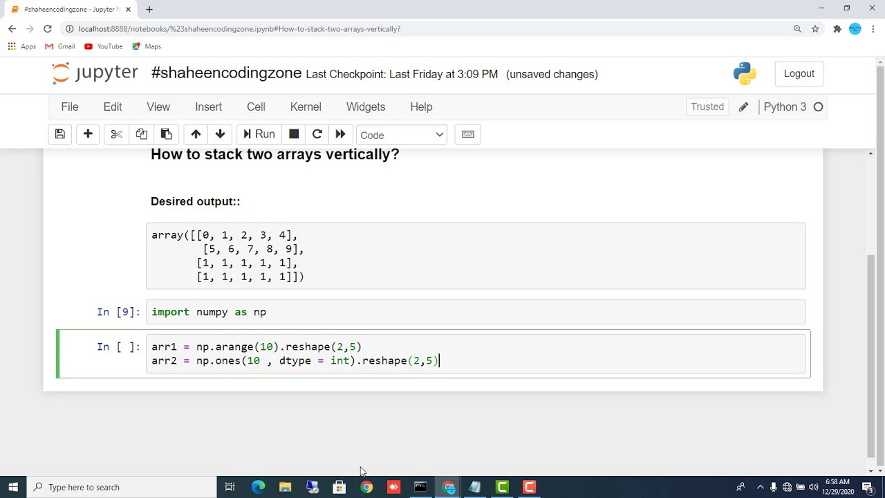 How to stack two arrays vertically | Python Tutorial For Beginners | #Shaheencodingzone