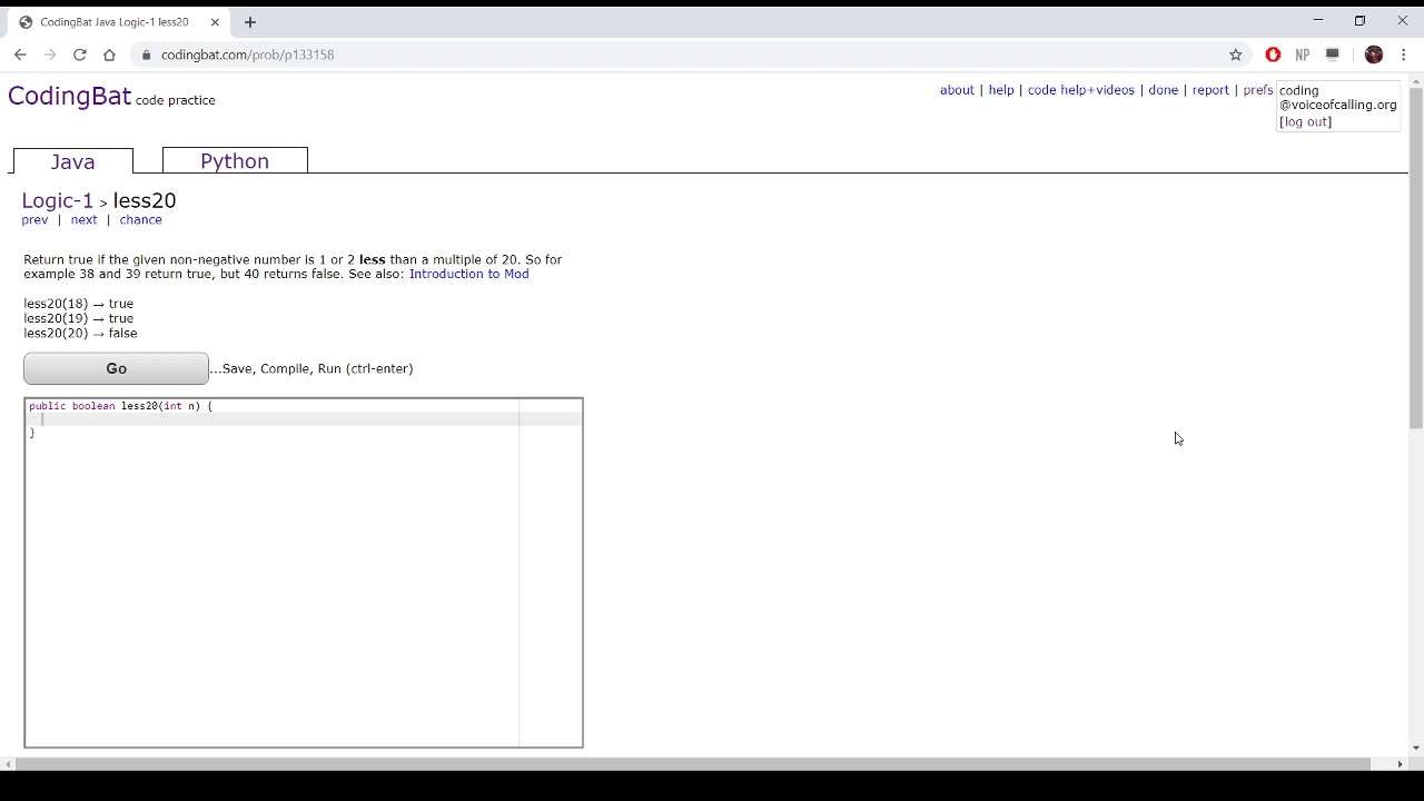 Logic-1 (less20) Java Tutorial || Codingbat.com