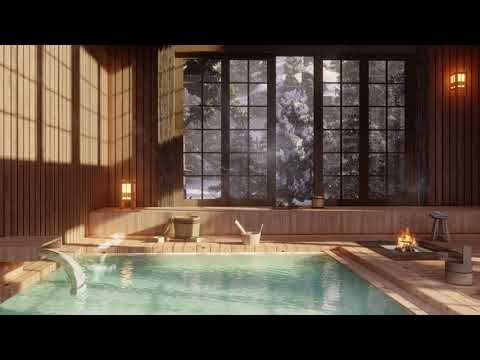 Japanese Onsen ASMR | Fireplace Ambience for Sleep, Relaxation | Hot Spring Water Sounds