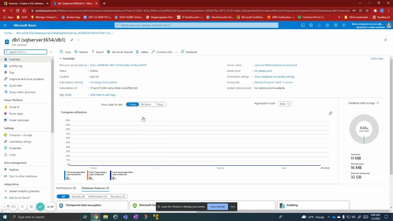 Microsoft Azure Certification Exercise - Creating an SQL Database