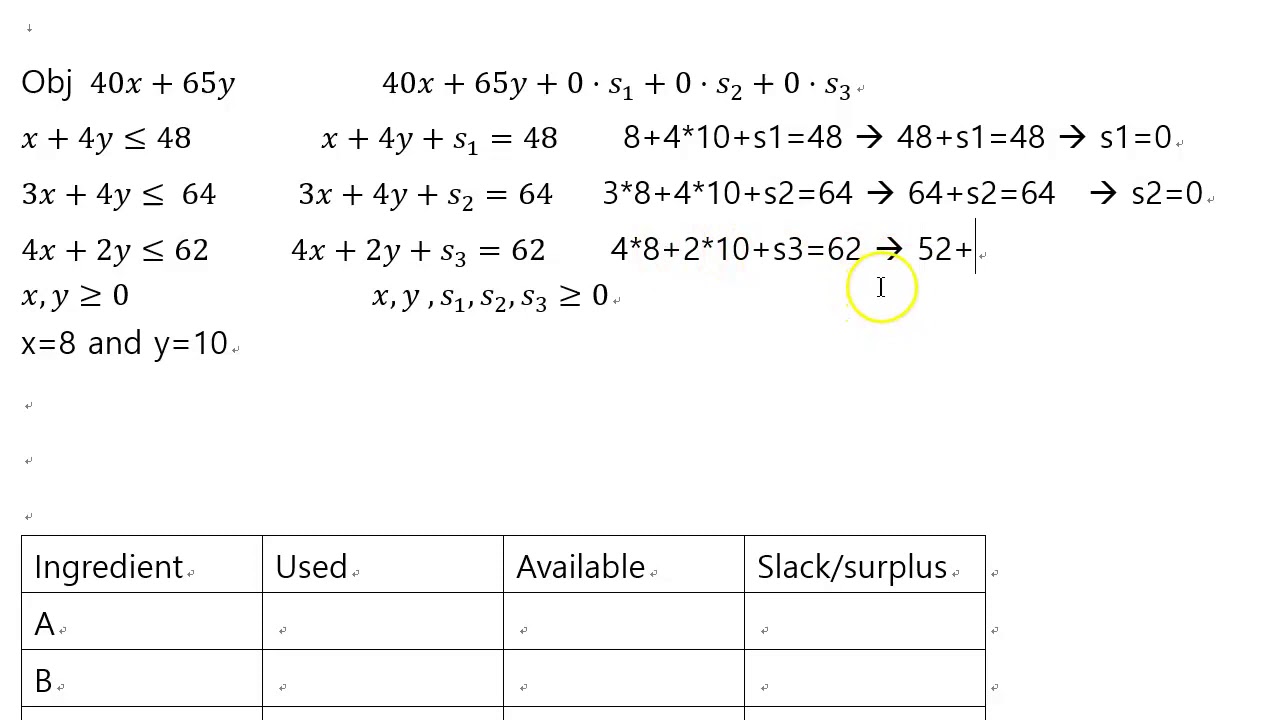 LP10 Finding slack surplus and complete solution
