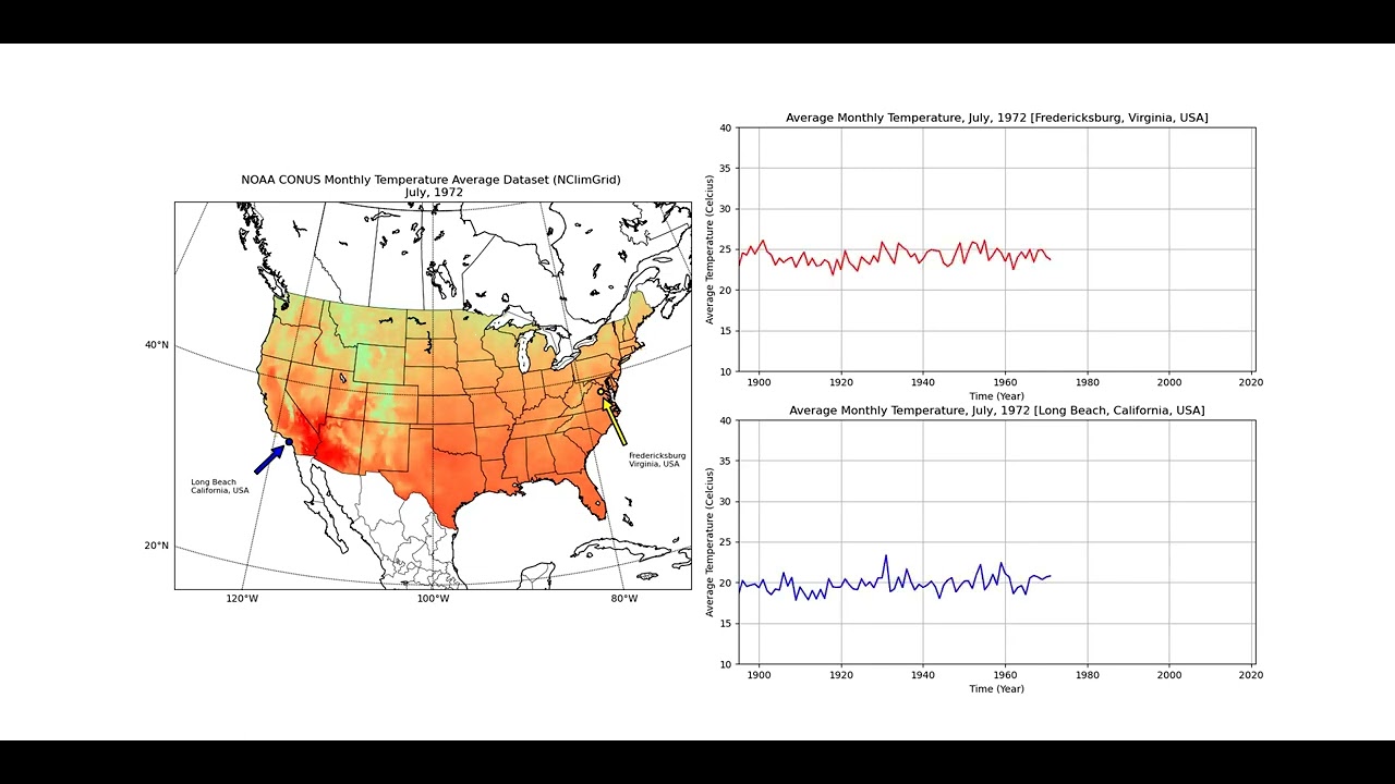 NClimGrid Grid and Graph Animation Example in Python Using Matplotlib Basemap