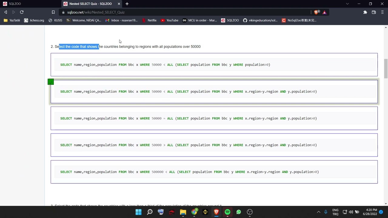 SQLZOO SQL tutorial Episode 4: Nested selects(select in select)