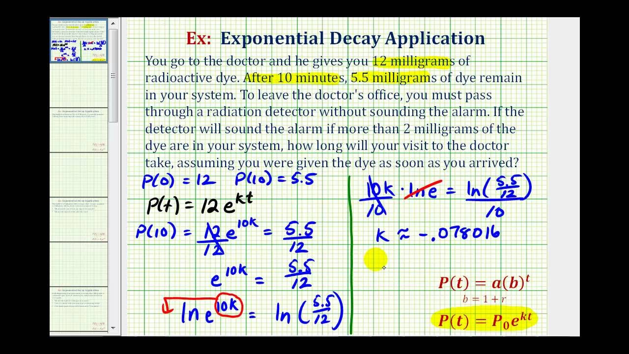 Exponential Decay Function App. With Logs (y=ae^(kt)) - Radioactive Dye