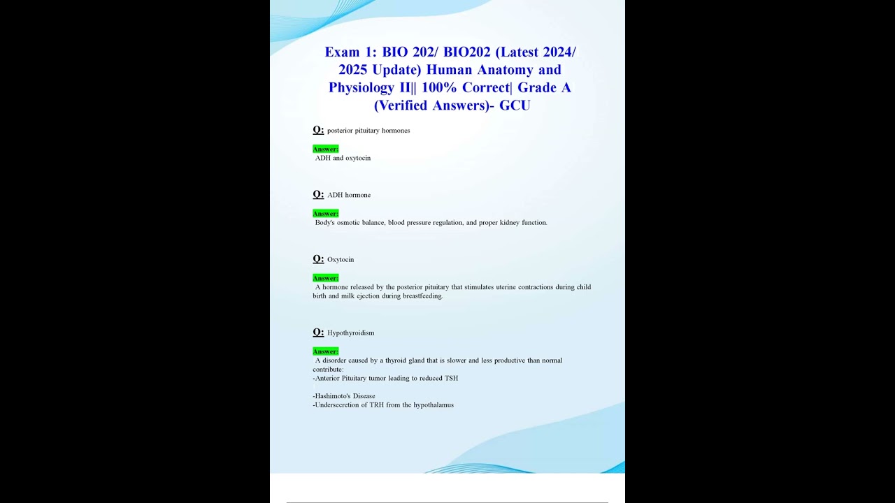 EXAM 1 BIO 202 BIO202 LATEST 2024 2025 UPDATE HUMAN ANATOMY AND PHYSIOLOGY II 100 CORRECT GRADE A VE