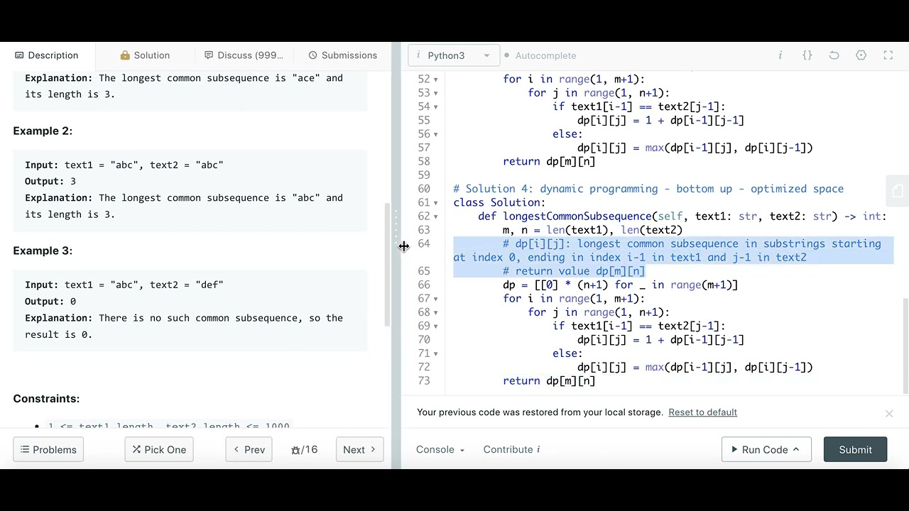 Longest Common Subsequence - Leetcode 1143 - Dynamic Programming Optimized Space - Python